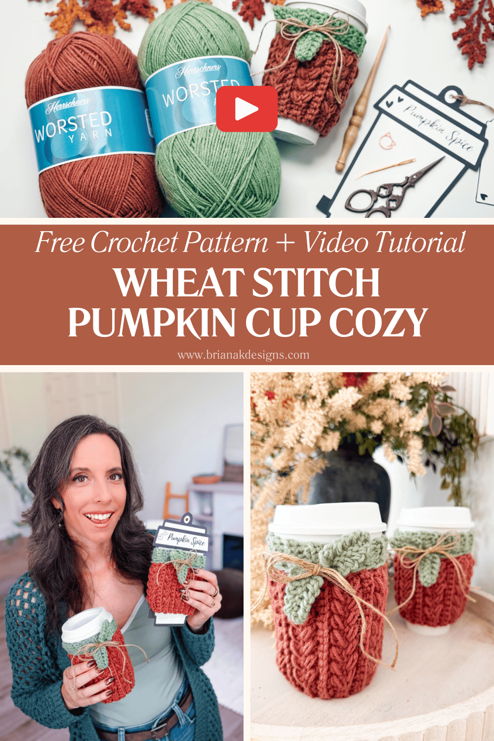Wheat Stitch™ Pumpkin Cup Cozy – Free Crochet Pattern for Fall
